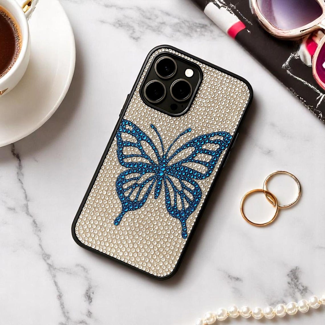 Rhinestone Blue Butterfly Crystal iPhone 14 15 16 Pro Max, Samsung S23 ...