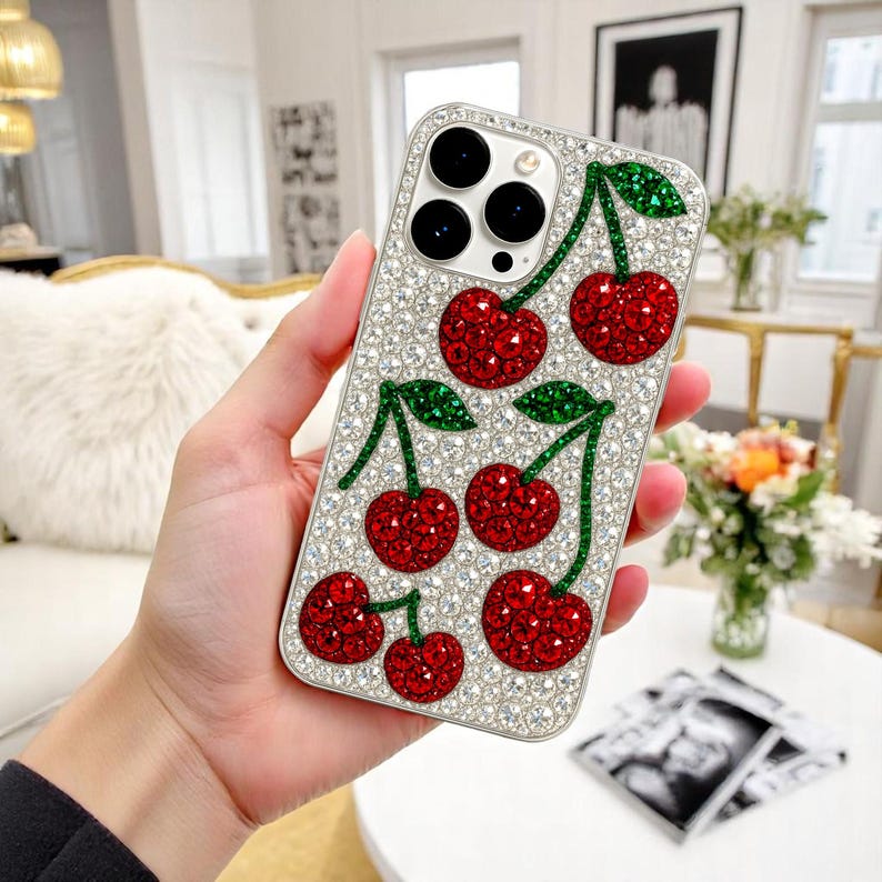 Rhinestone Red Cherry Phone Case for iPhone 12 13 14 15 16 17 Air Pro ...