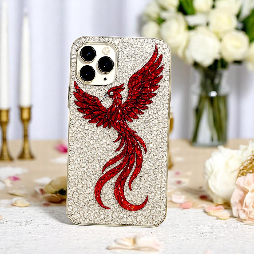 Rhinestone Fire Phoenix Phone Case for iPhone 14 15 16 Pro Max, Samsung ...