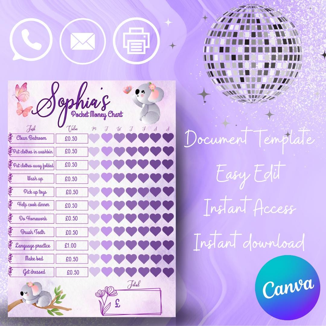 Editable Kids Chore Chart, Reward Chart, Allowance, Daily Checklist ...