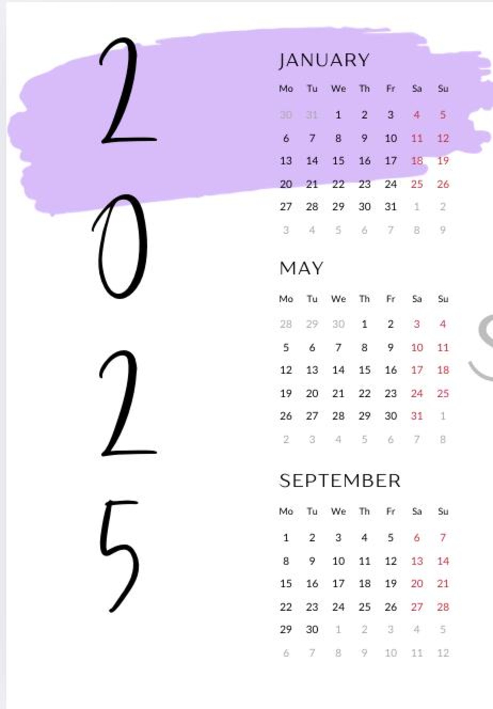 Printable and Editable Yearly Calendar 2025 - Etsy