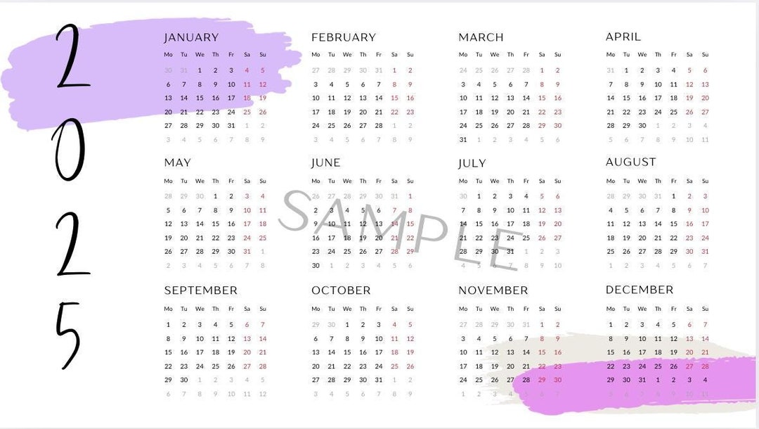 Printable and Editable Yearly Calendar 2025 - Etsy