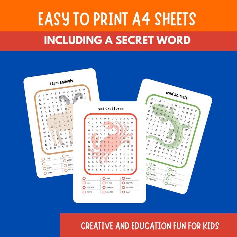 Animal-themed Word Searches for Kids – Farm, Wild and Sea Creatures ...