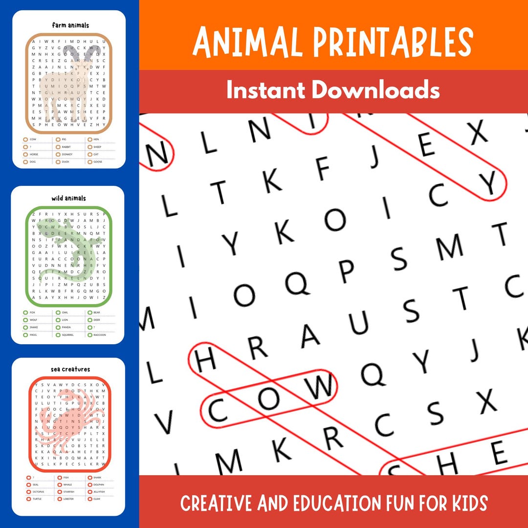 Animal-themed Word Searches for Kids Farm, Wild and Sea Creatures ...