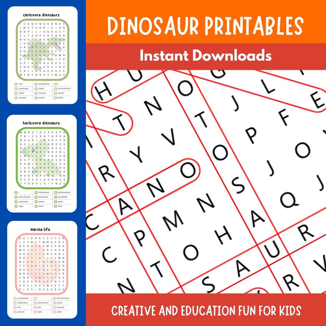 Dinosaur-themed Word Searches for Kids Carnivore, Herbivore, and Marine ...