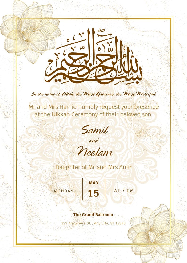 Gold Nikkah/islamic Wedding Invitation Card Template - Etsy