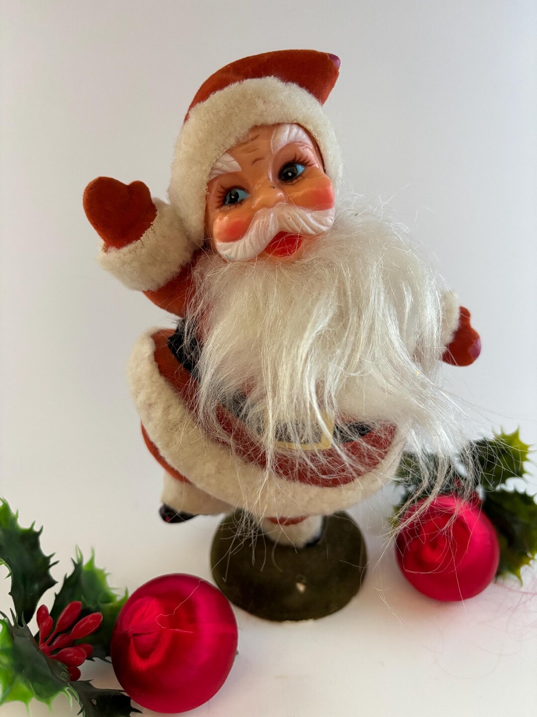 Vintage 1960's Flocked Dancing Santa Figure, Kitschy Mid Century Waving ...