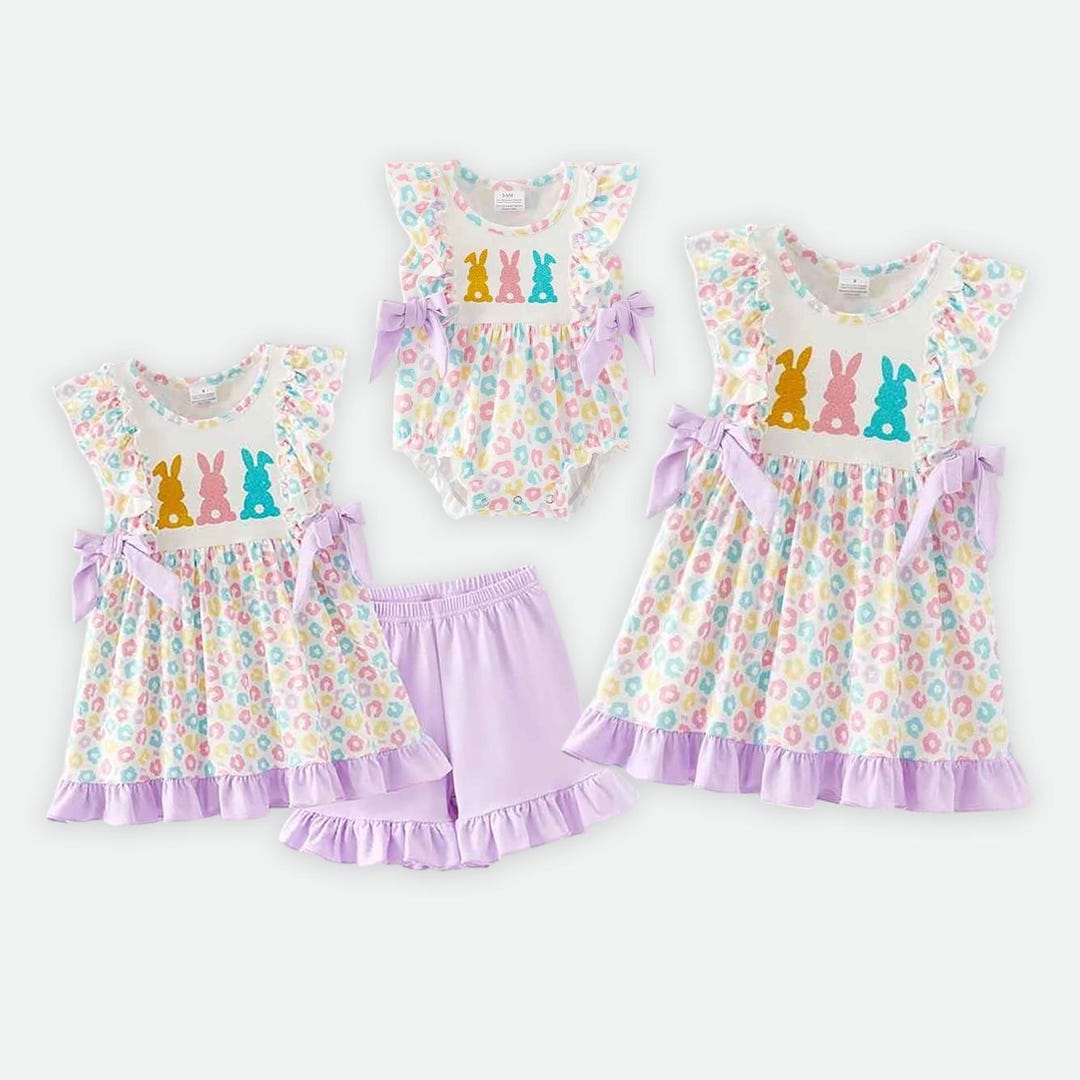 Easter Bunny Glitter Print Ruffled Dress Romper Clothing Set in ...