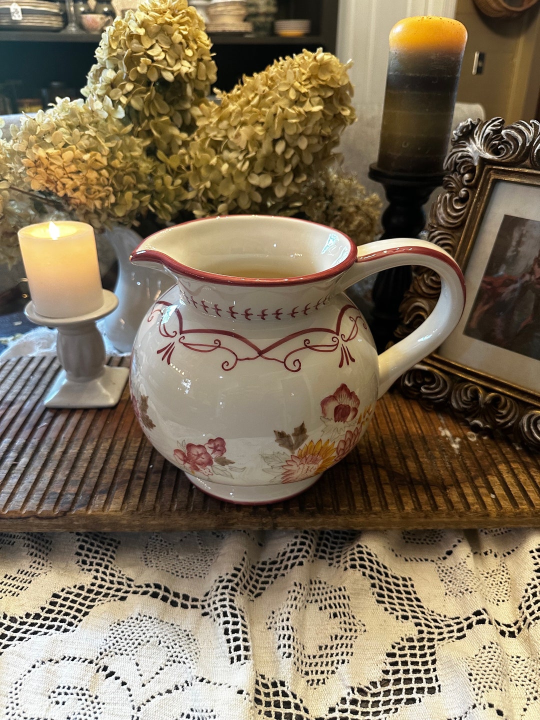 Waverly Garden Room Vintage Rose Pitcher - Charming Floral Ceramic Jug ...