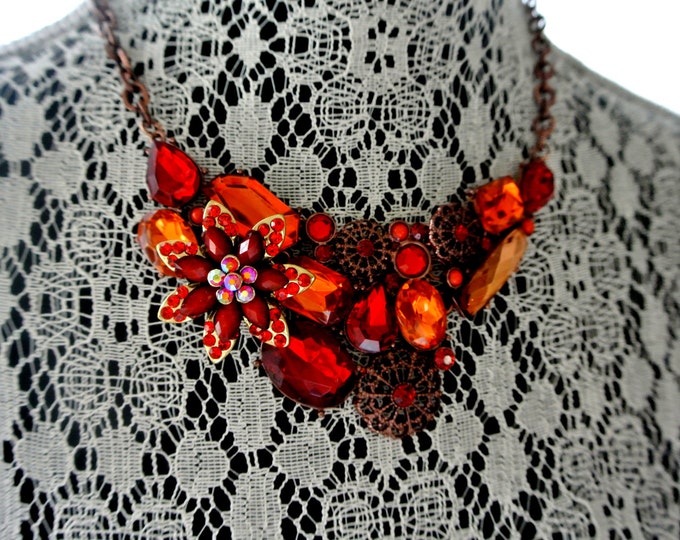 Red Bib Necklace, Cottage Statement Necklace, French Country Chic ...