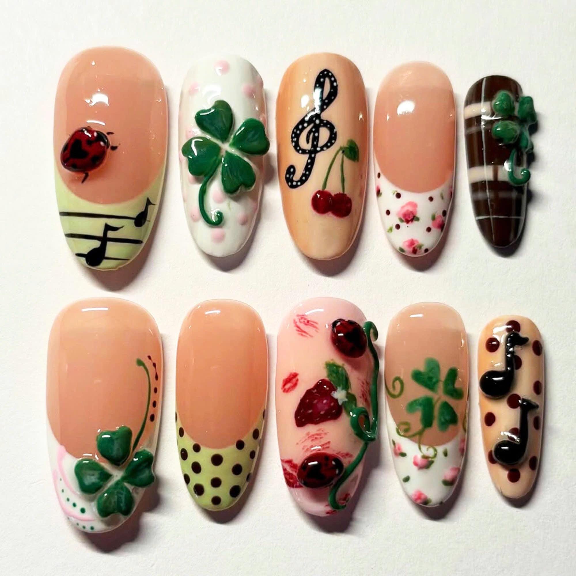 Lucky Four Leaf Clover Press on Nails, Handmade Long Almond Nail Set ...
