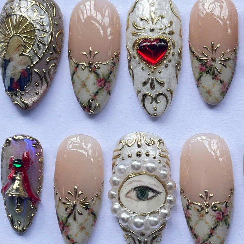 Handmade 3D Vintage Press on Nails, Baroque Art Nail Design With Pearls ...
