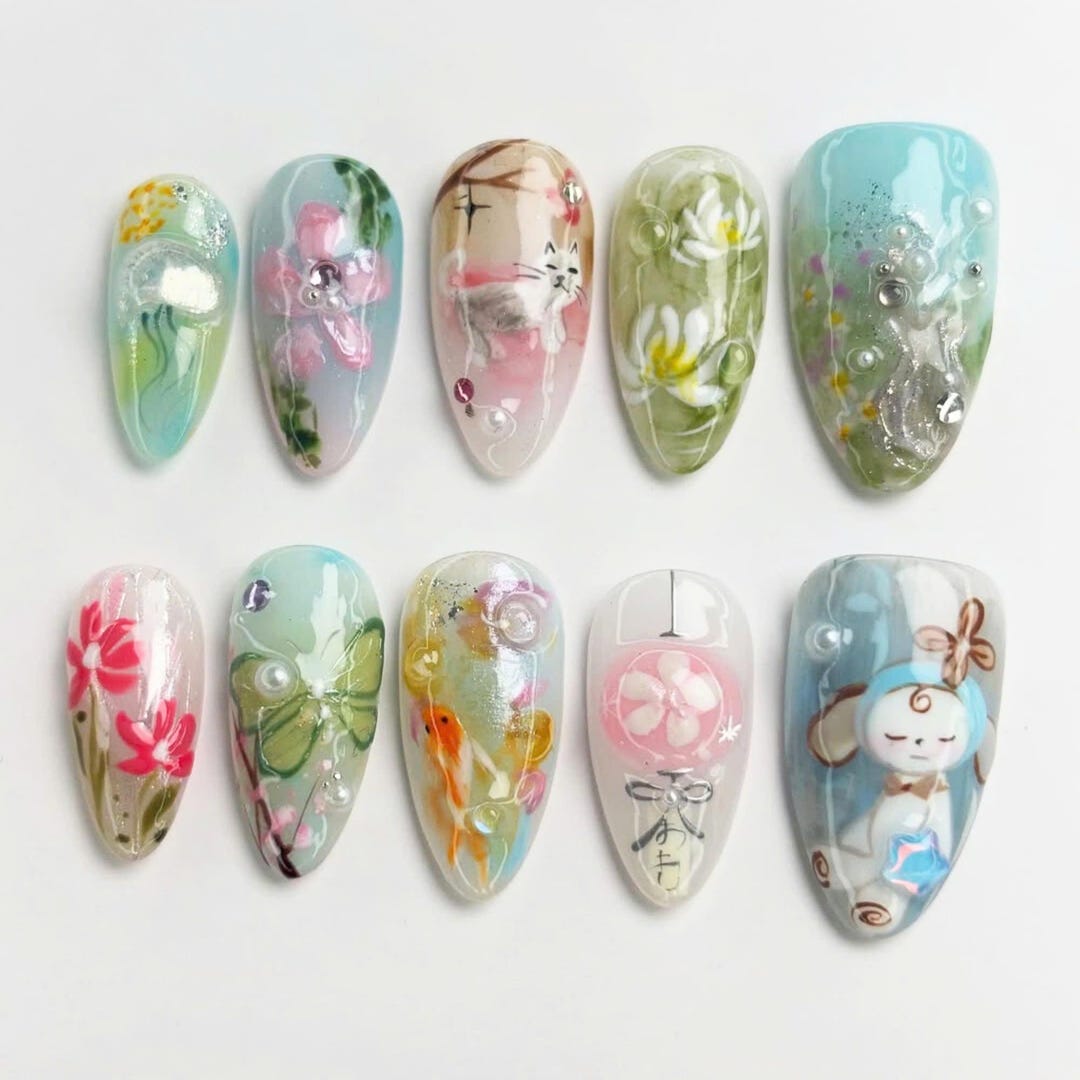Trendy Cartoon Press on Nails, Almond Nail Set With Cat, Fish, Smiski ...