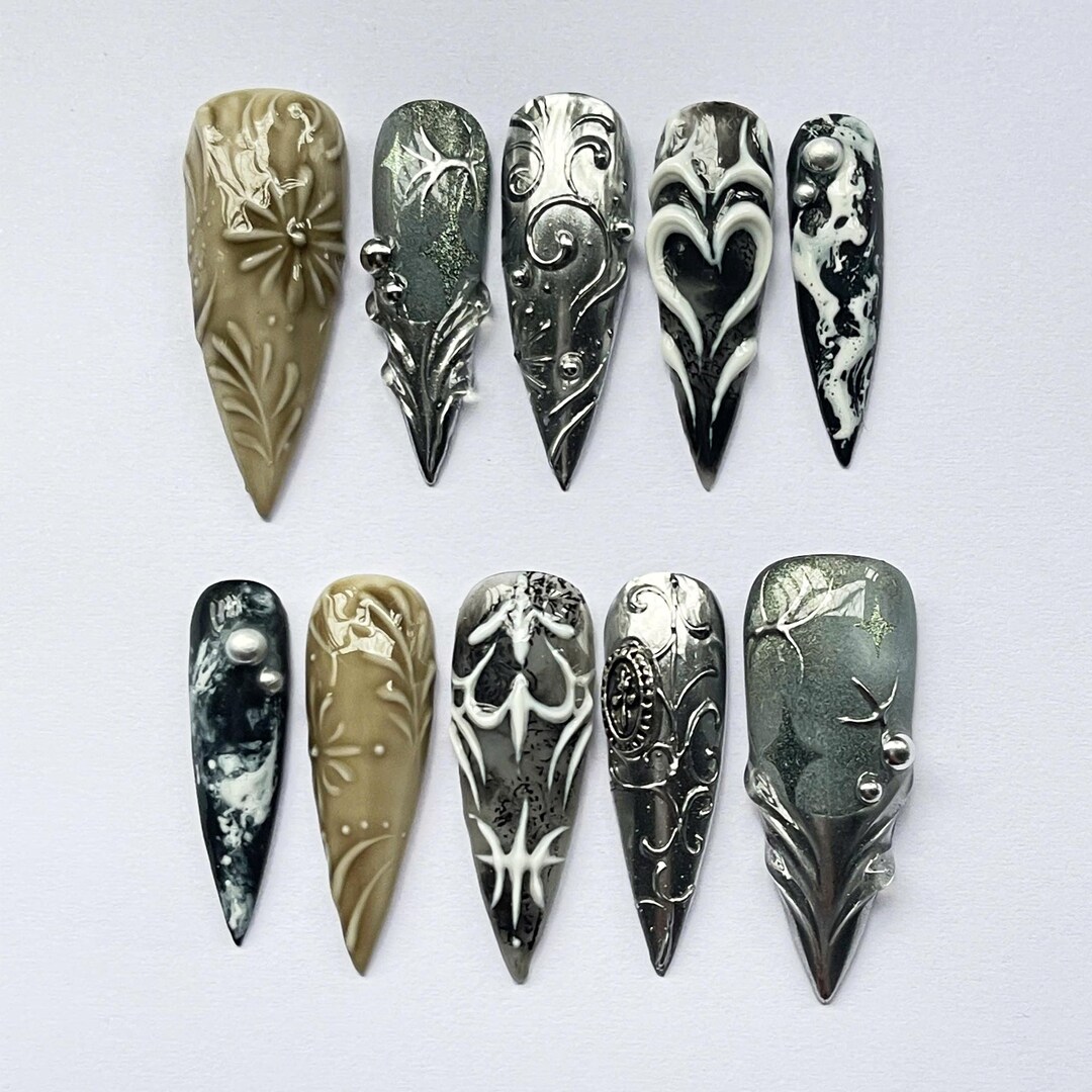 Gothic Baroque Press on Nails, Handmade 3D Carved Metallic Set, Vintage ...