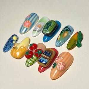Bright, Fun Handcrafted Press on Nails With Vibrant Fruits, Veggies ...
