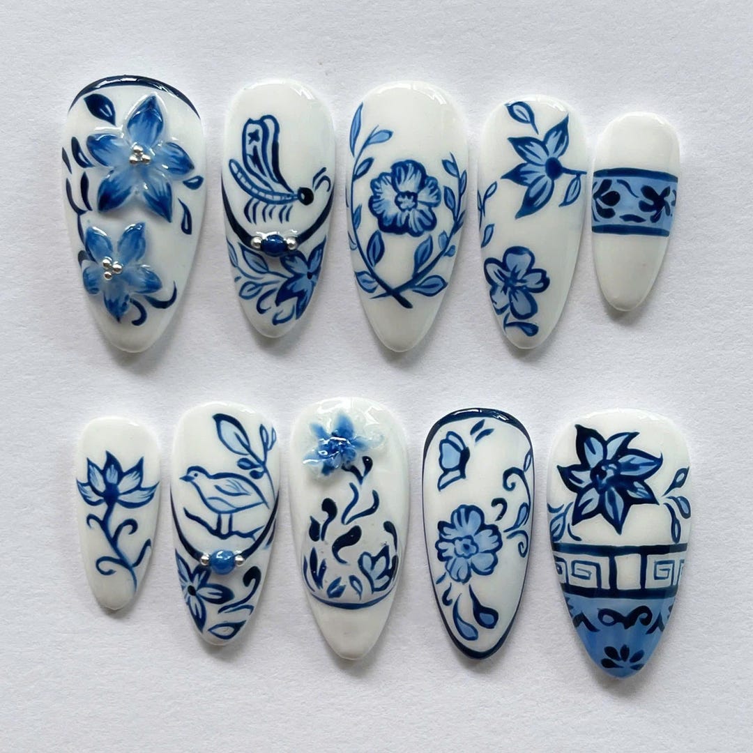 Hand-painted Blue and White Porcelain Press on Nails, Chinese Ceramic ...