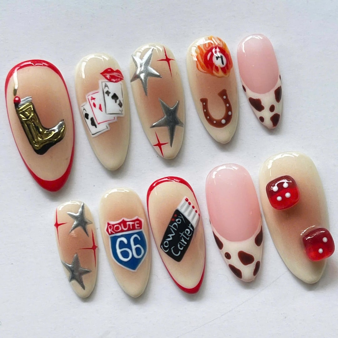 Custom Cowboy Carter Press on Nail, Route 66 Vegas Dice Poker Themed ...