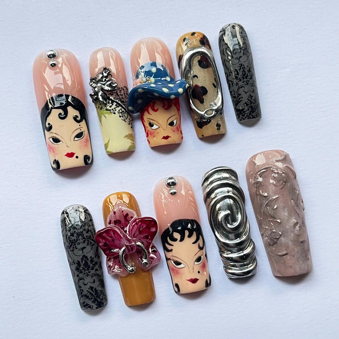 Hand Painted Retro Portrait Press on Nails With 3D Sculpted Art Details ...