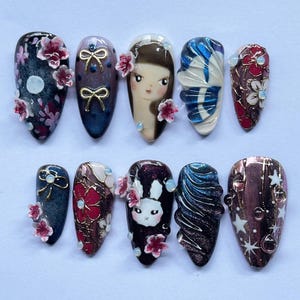 Hand-painted Baby Angels Press on Nails, Elegant Nails, Medium Almond ...