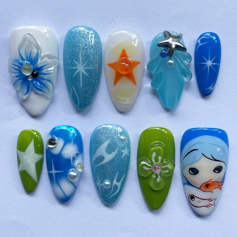 3D Whimsical Press on Nails, Handmade Ocean Inspired Nails With ...
