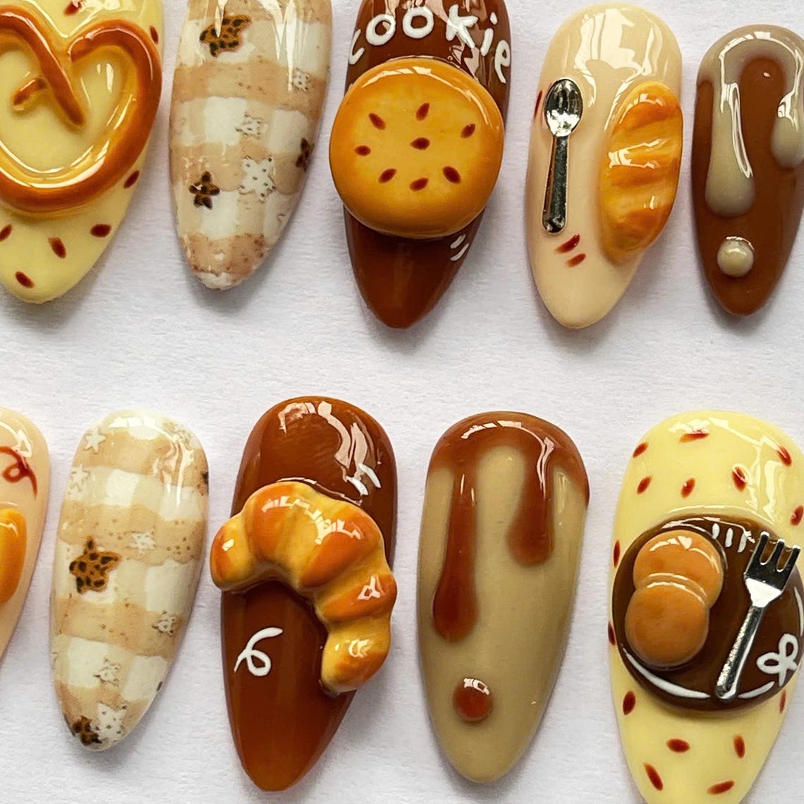 Bakery Cookie Press on Nails, Almond Nails, Handmade 3D Croissant Nail ...