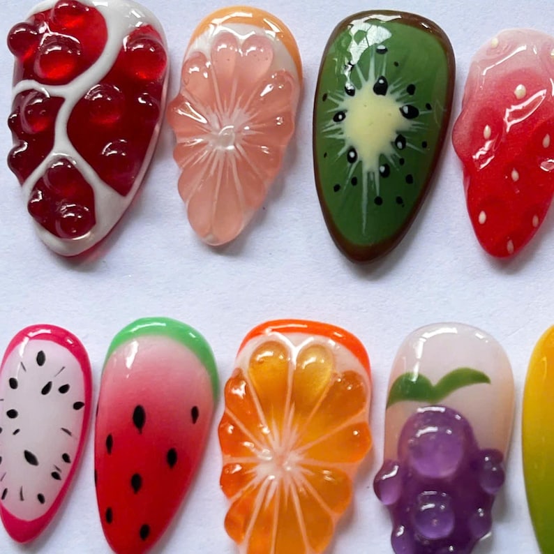 Summer Fruit Press on Nails, Custom 3D Fruit Nail Art, Colorful ...