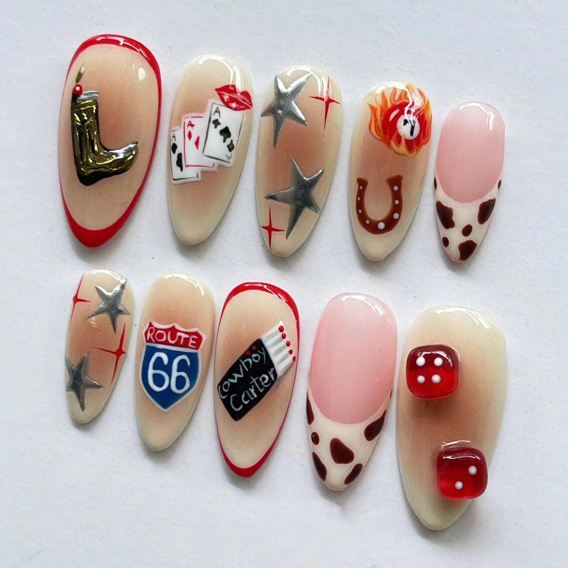 Custom Cowboy Carter Press on Nail, Route 66 Vegas Dice Poker Themed ...