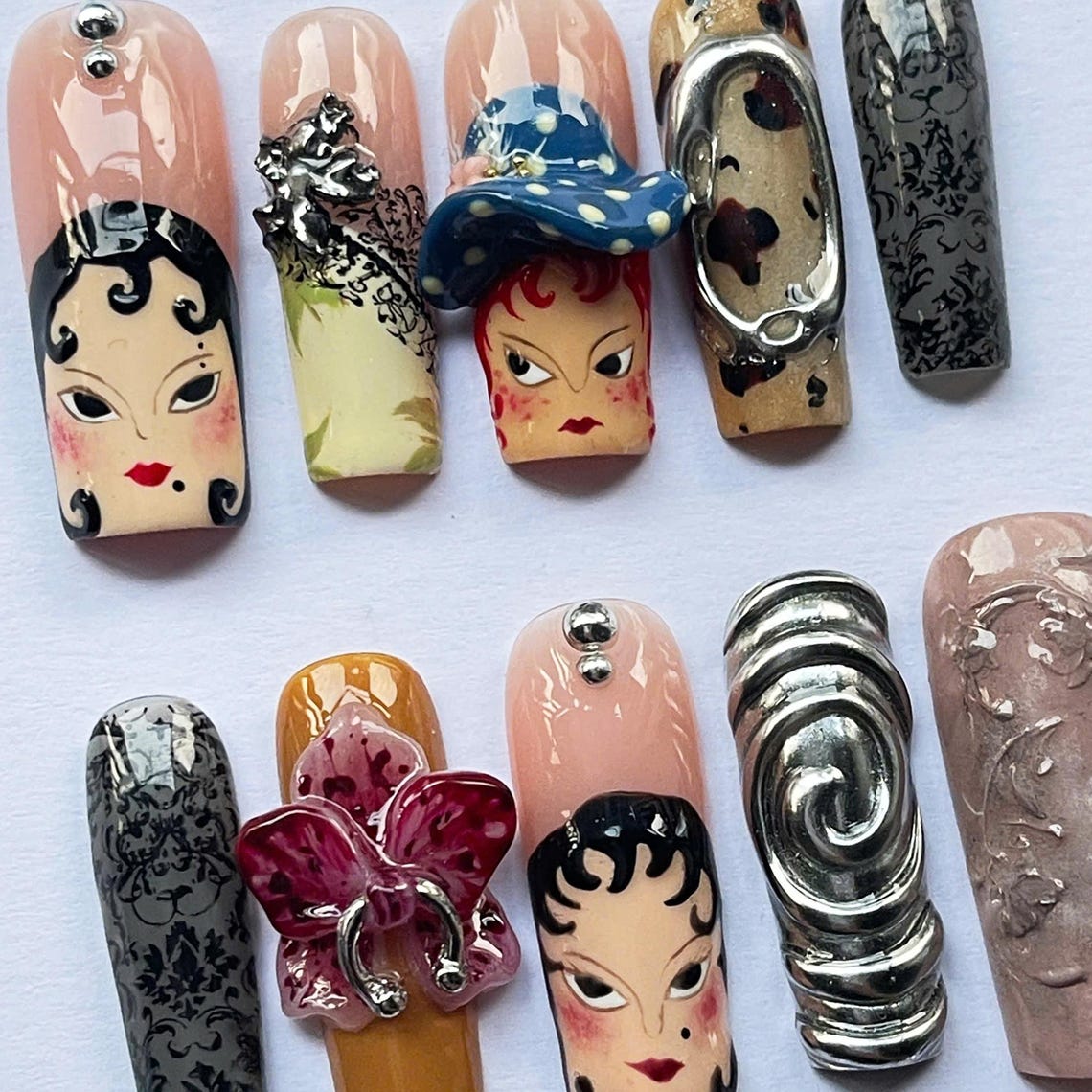 Hand Painted Retro Portrait Press on Nails With 3D Sculpted Art Details ...