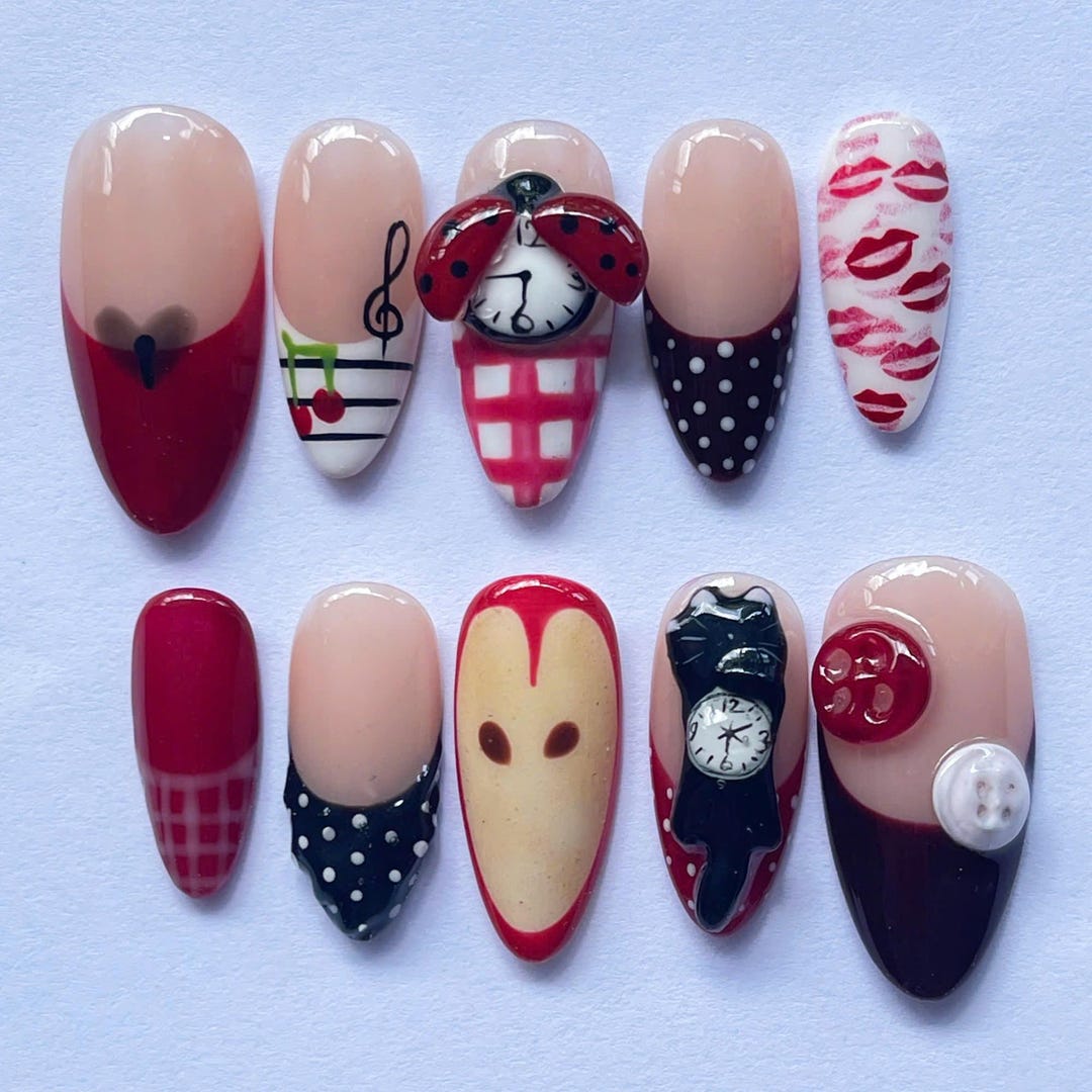 Relax Time Press on Nails, Medium Almond Nail Set With Sexy Lips, Cute ...