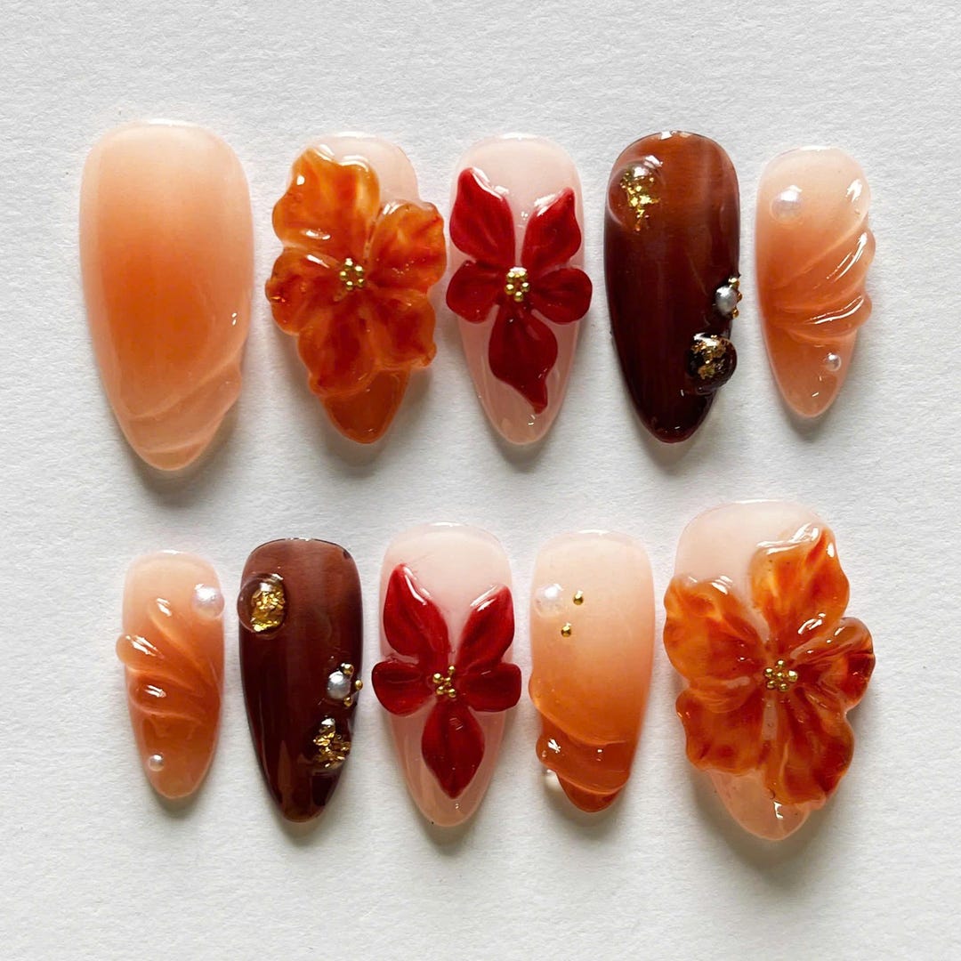 Amber Flower Press on Nails, Almond Nail Set With Amber Color, Gems ...