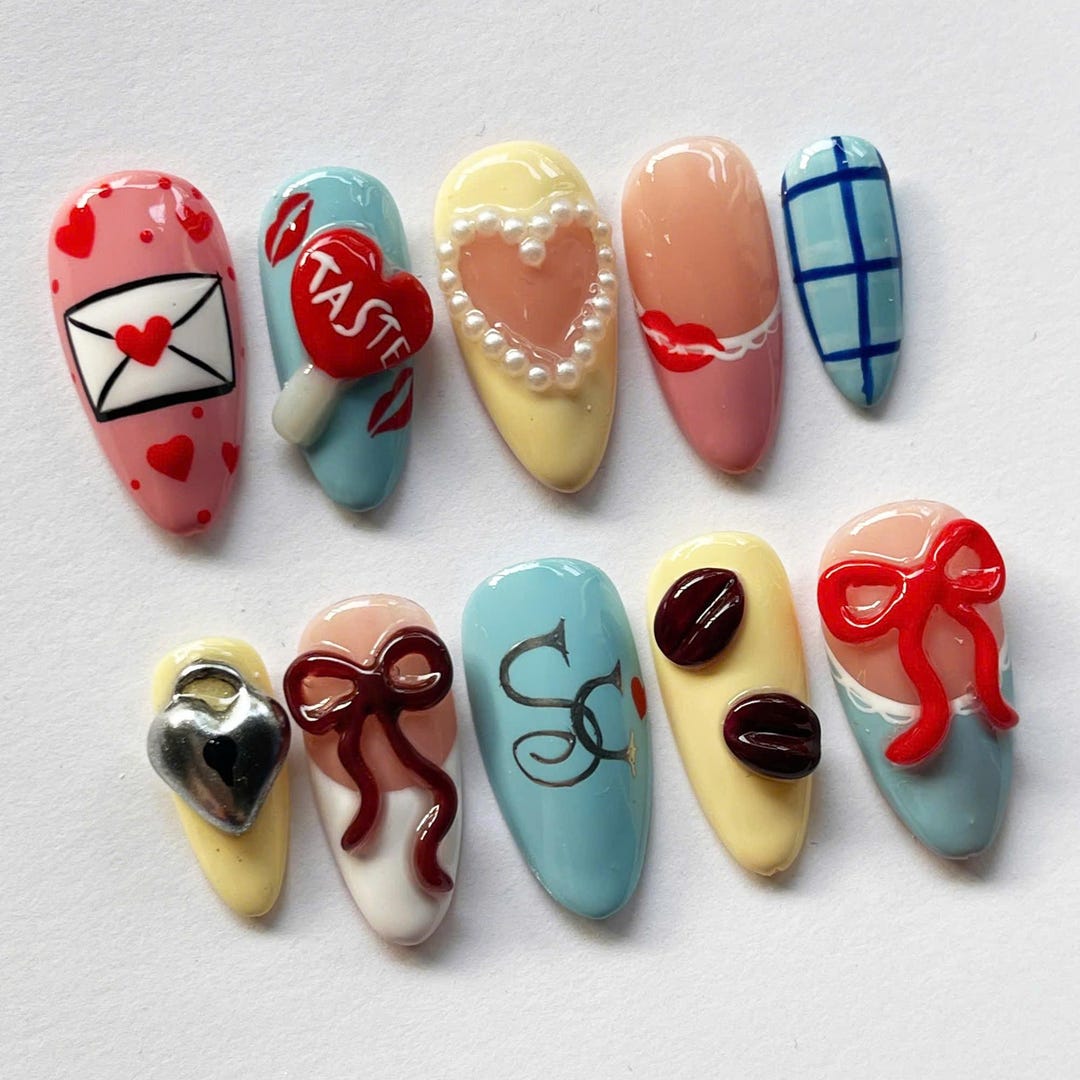 Cute Nail Set Features Sweet Designs Like Hearts, Lollipops, Kisses ...