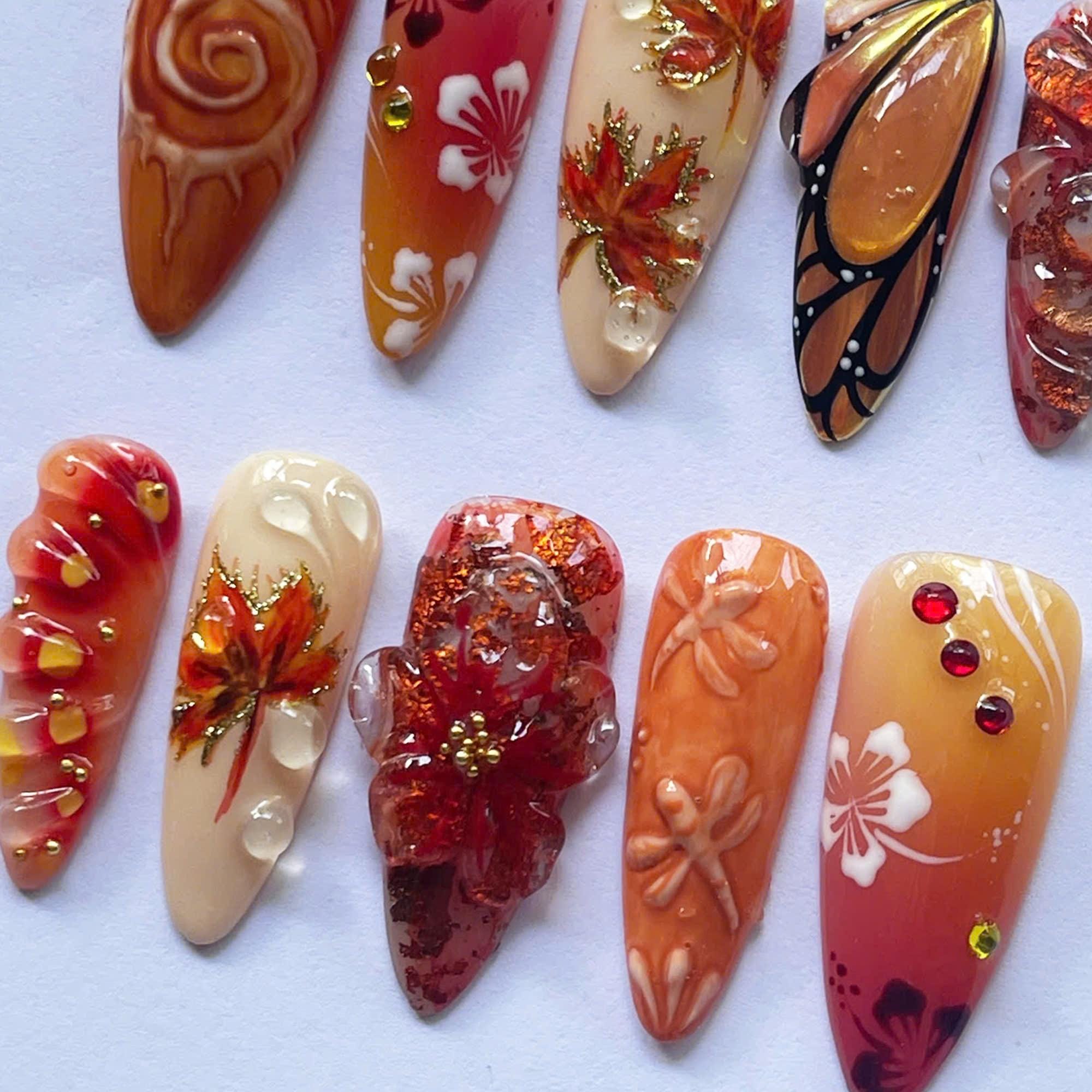 Autumn Press on Nail, Handmade 3D Fall Leaf Nail Art With Maple, Floral ...