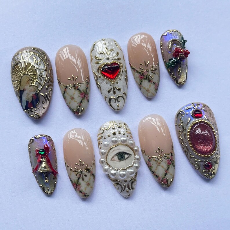 Handmade 3D Vintage Press on Nails, Baroque Art Nail Design With Pearls ...