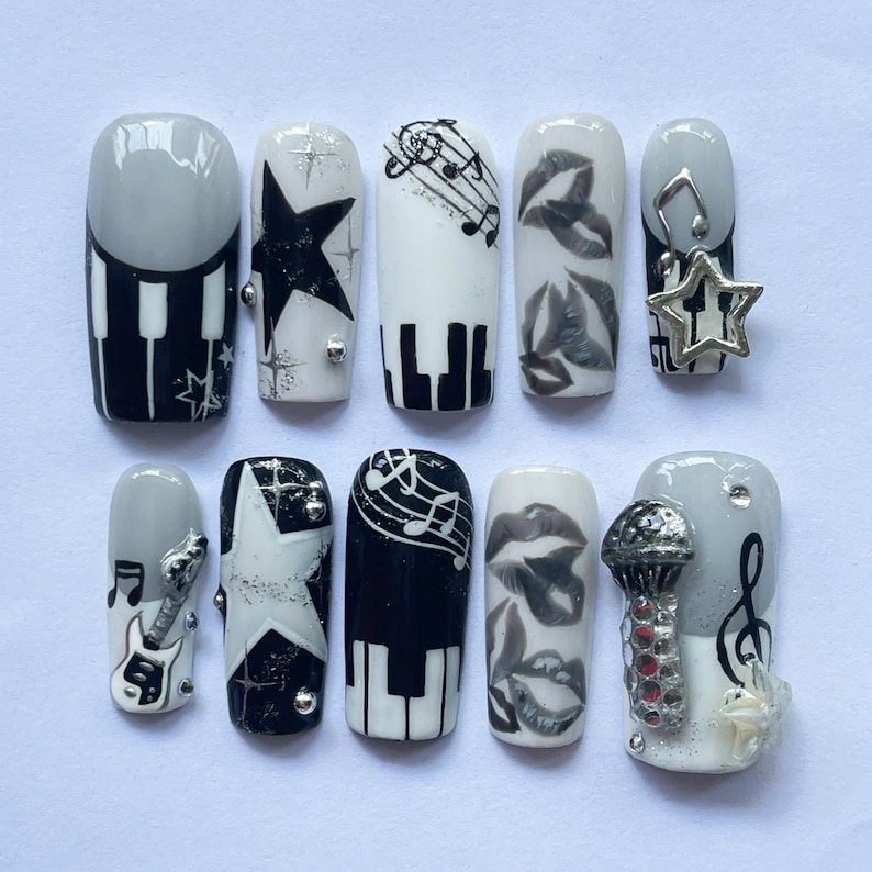 Unique Music Press on Nails, Square Nail Set With Black White Piano ...