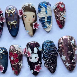Hand-painted Baby Angels Press on Nails, Elegant Nails, Medium Almond ...