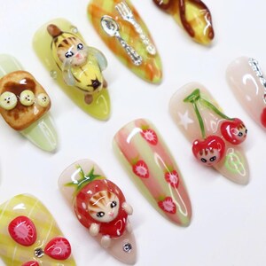 Cute Cat Fruit Food Nails, 3D Kawaii Press on Nails, Hand-painted ...