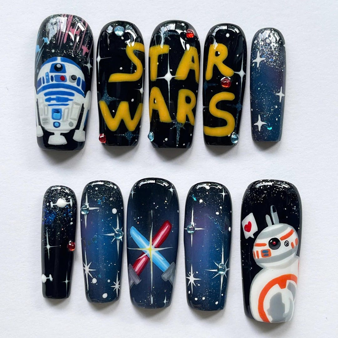 Unique Star Wars Themed Nail Set With R2-D2, BB-8, Lightsabers & Cosmic ...