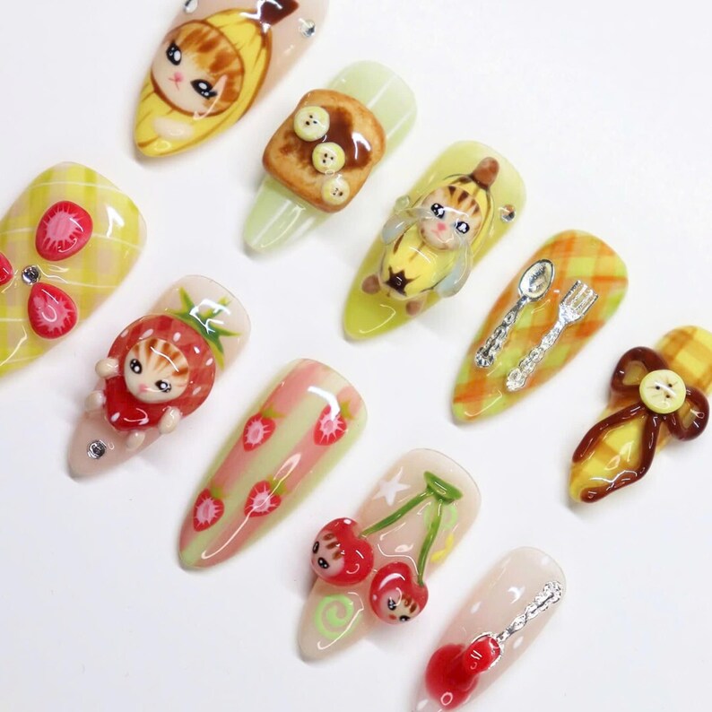 Cute Cat Fruit Food Nails, 3D Kawaii Press on Nails, Hand-painted ...