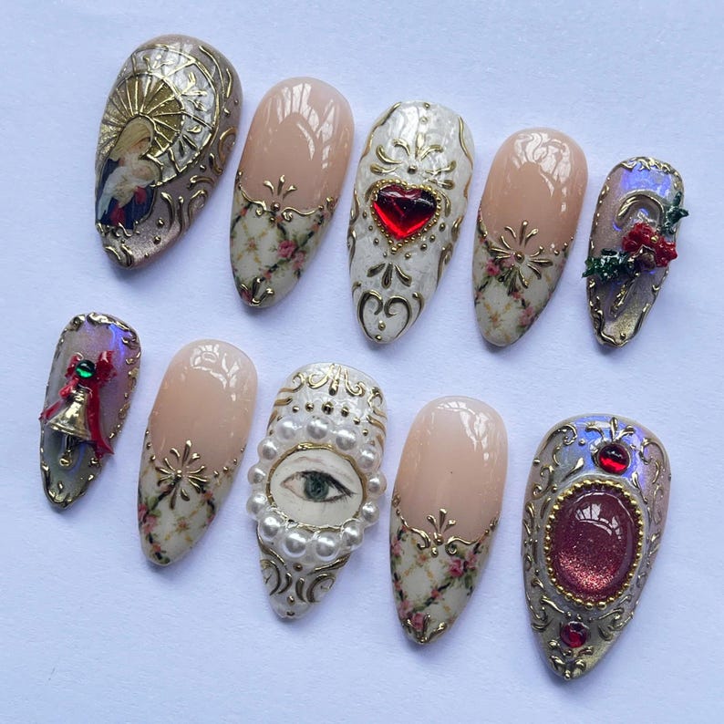 Handmade 3D Vintage Press on Nails, Baroque Art Nail Design With Pearls ...
