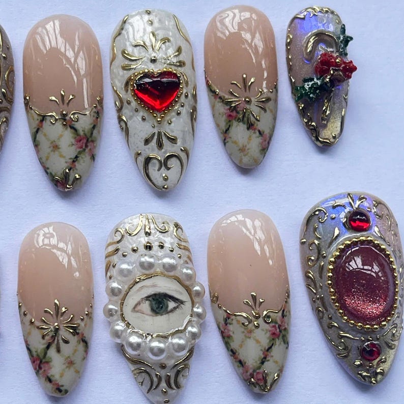 Handmade 3D Vintage Press on Nails, Baroque Art Nail Design With Pearls ...