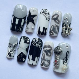 Unique Music Press on Nails, Square Nail Set With Black White Piano ...