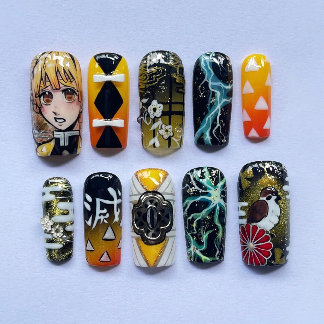 Unique Zenitsu Inspired Press on Nails, Anime Cosplay Fake Nails, Demon ...