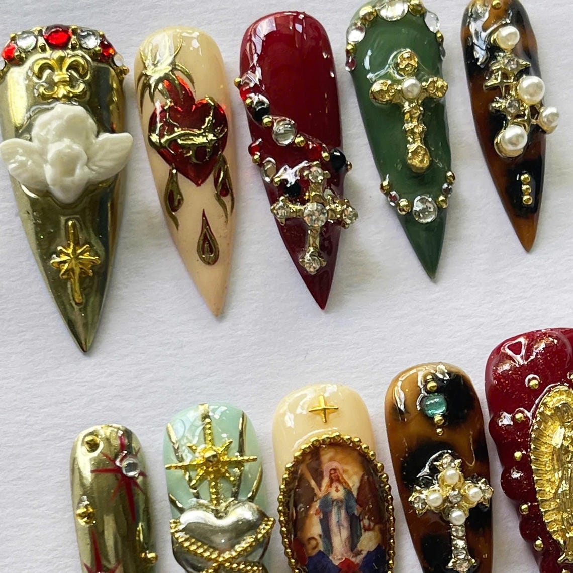 Gothic Spiritual Press on Nails, Sacred Heart & Cross Nail Art Set ...