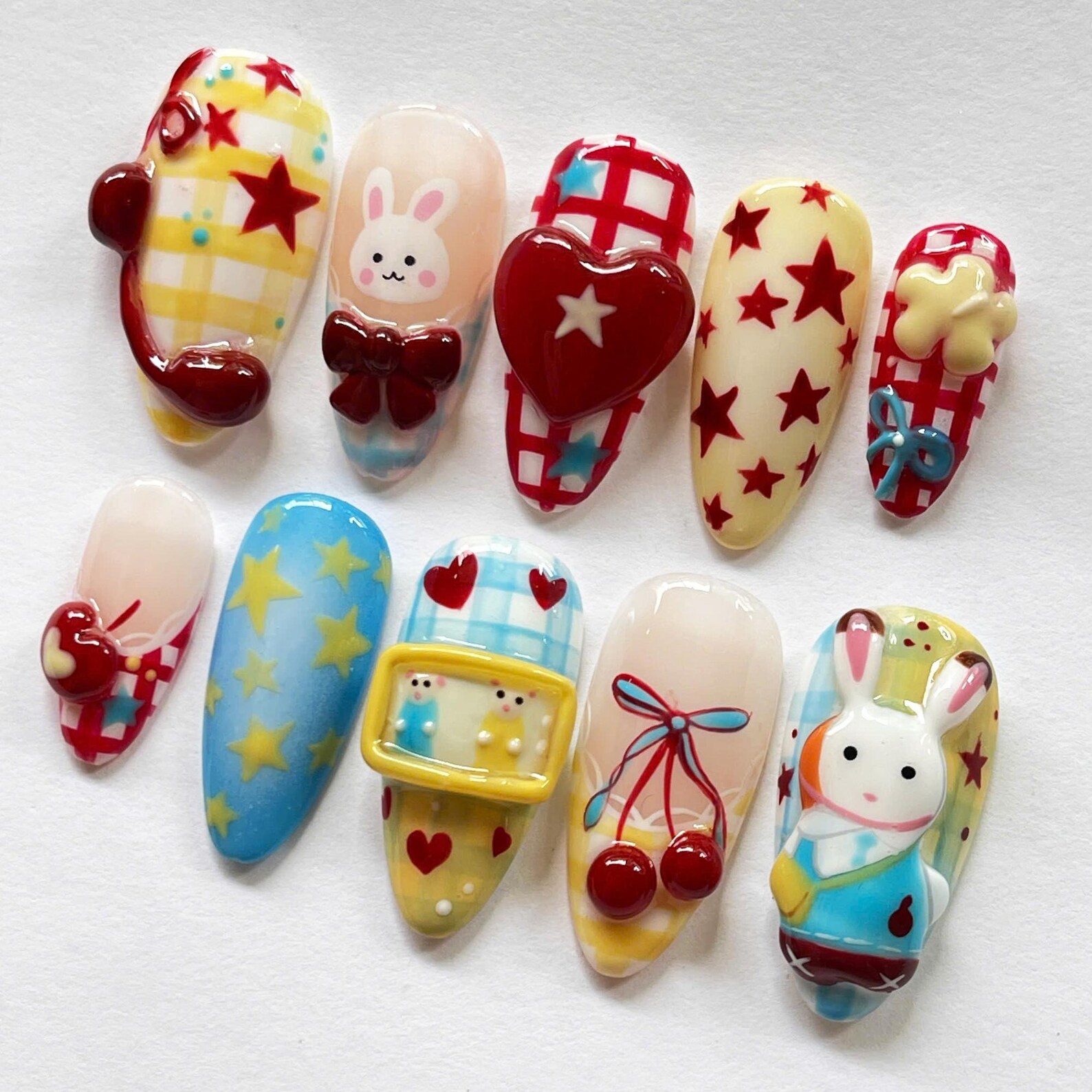 Cute Bunny & Retro Cartoon Nail Art, Handmade 3D Press on Nails With ...