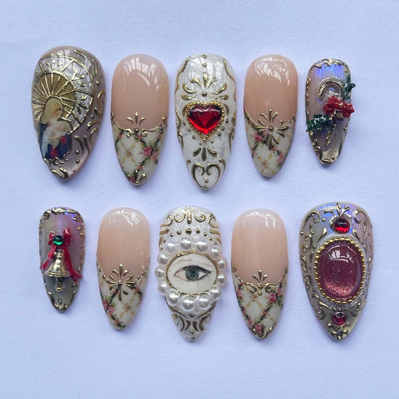 Handmade 3D Vintage Press on Nails, Baroque Art Nail Design With Pearls ...