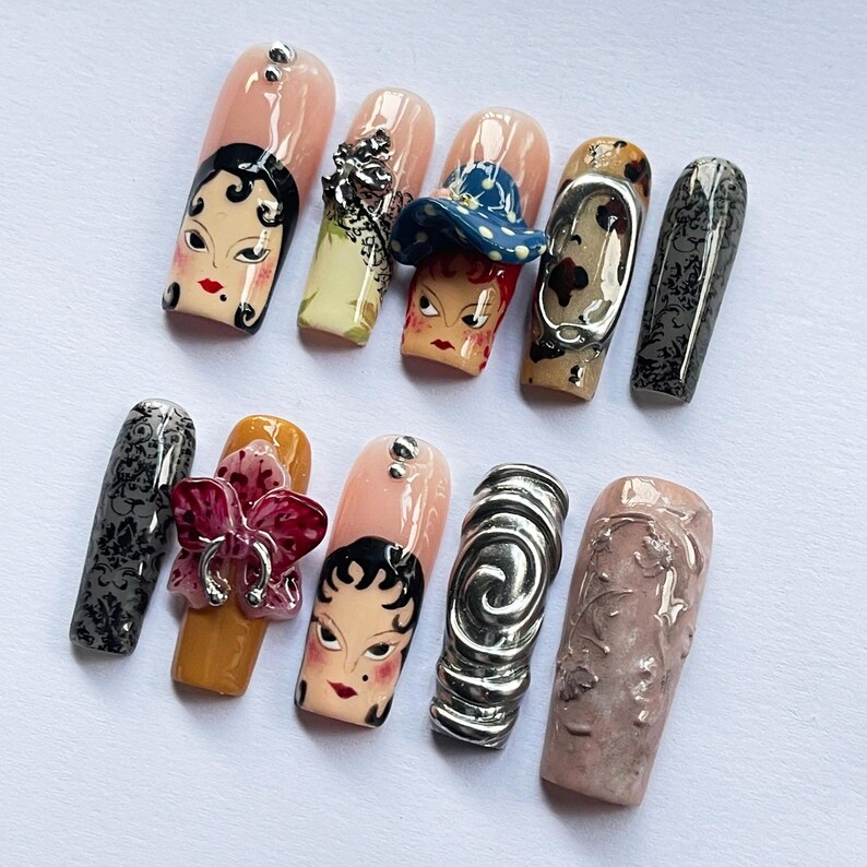Hand Painted Retro Portrait Press on Nails With 3D Sculpted Art Details ...