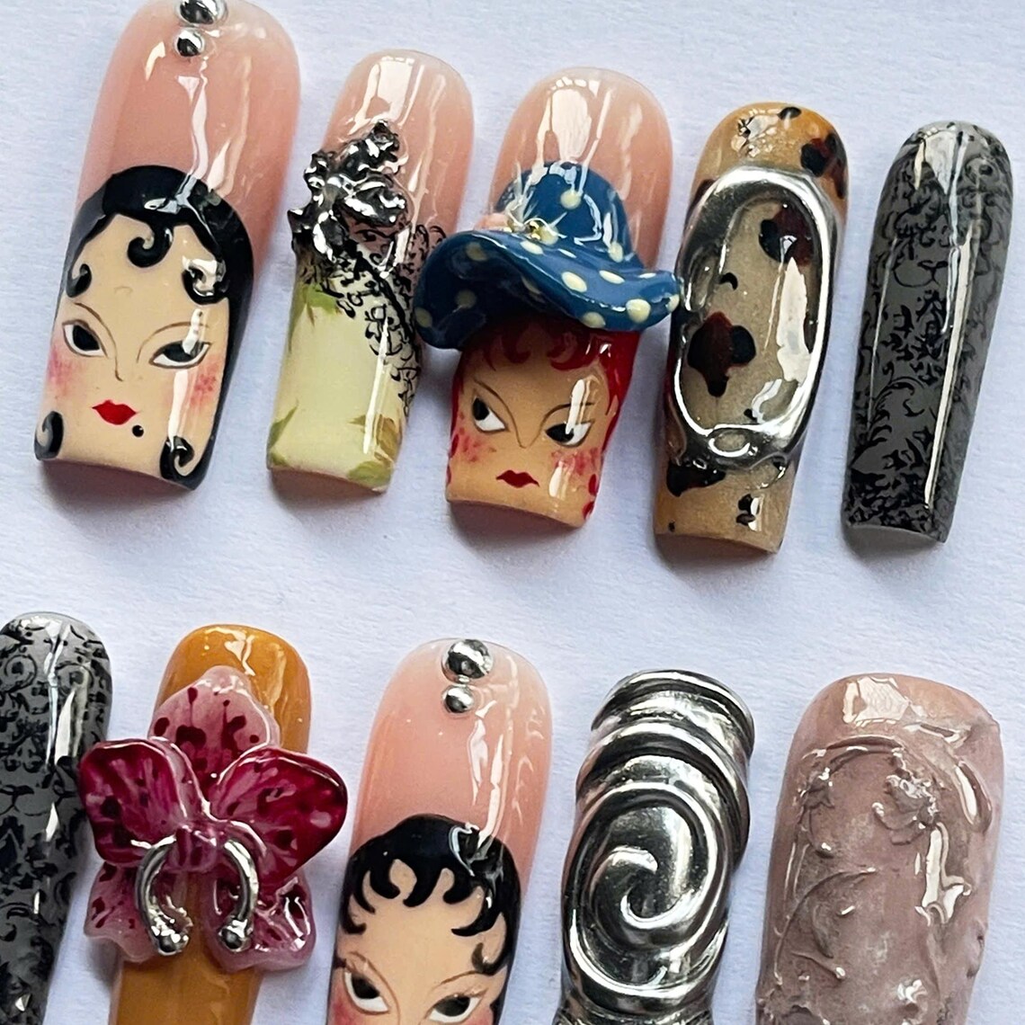 Hand Painted Retro Portrait Press on Nails With 3D Sculpted Art Details ...
