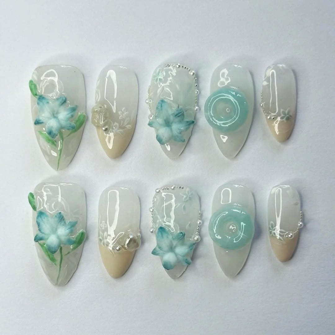 Custom Flower Press on Nails, Dreamy Fake Acrylic Nails, Almond Nail ...