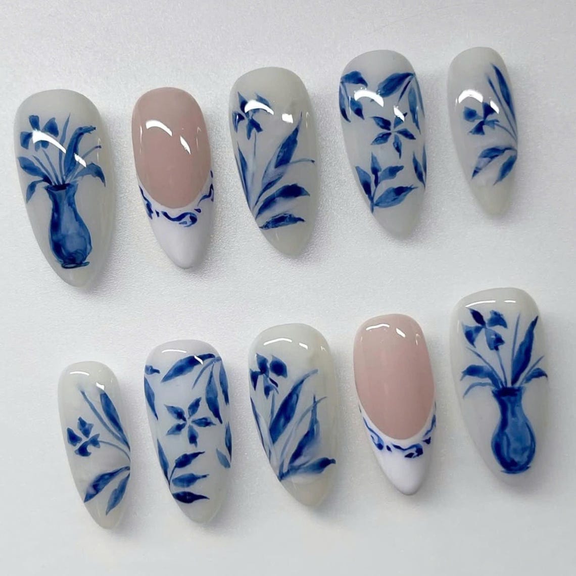 Blue Porcelain Press on Nails, Hand Painted Floral Fake Nails, Elegant ...