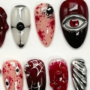 3D Horror Press on Nails, Bloody Spider Web Gothic Fake Nails, Handmade ...